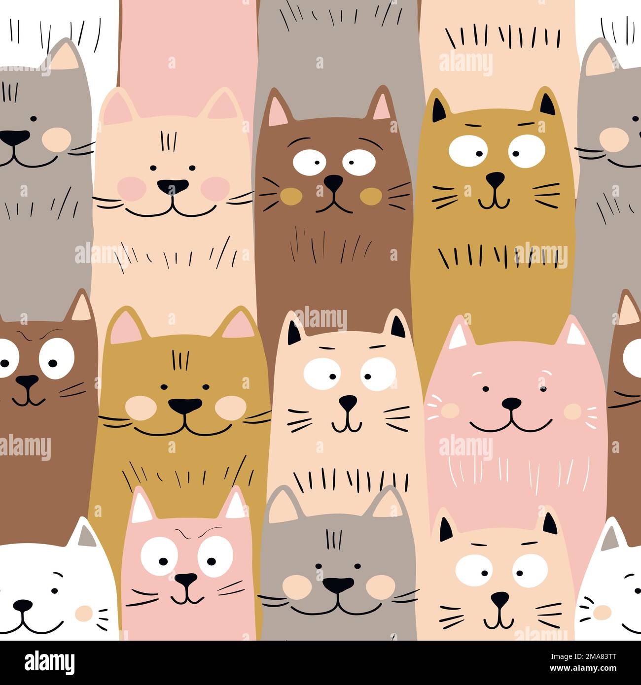 Seamless pattern with cute kitten print. Different scandy cats on color ...