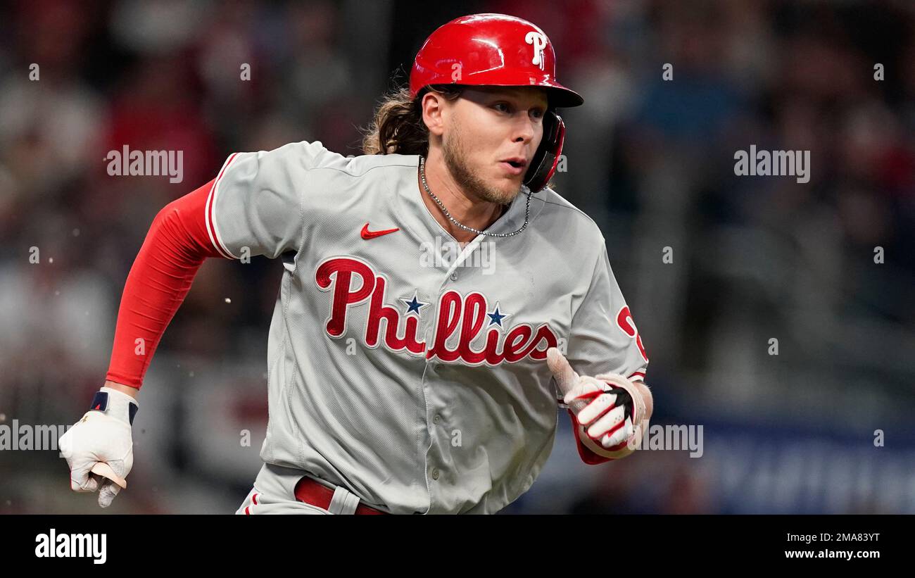 Philadelphia Phillies Alec Bohm (28) runs to first base during the ...