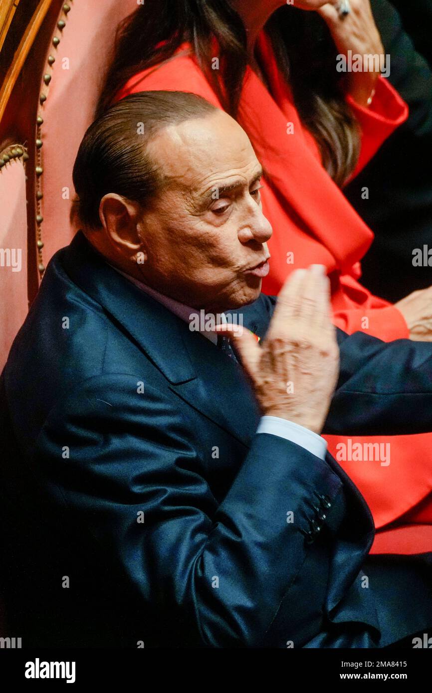 Forza Italia's president Silvio Berlusconi takes his seat in the ...