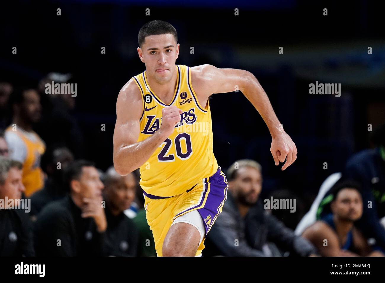 Los Angeles Lakers' Cole Swider runs on the court during second half of ...