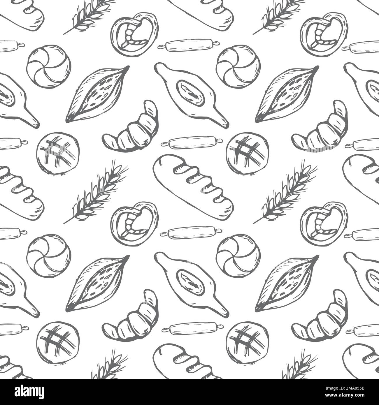 PrintHand drawn seamless pattern of bread and bakery products. Baked ...