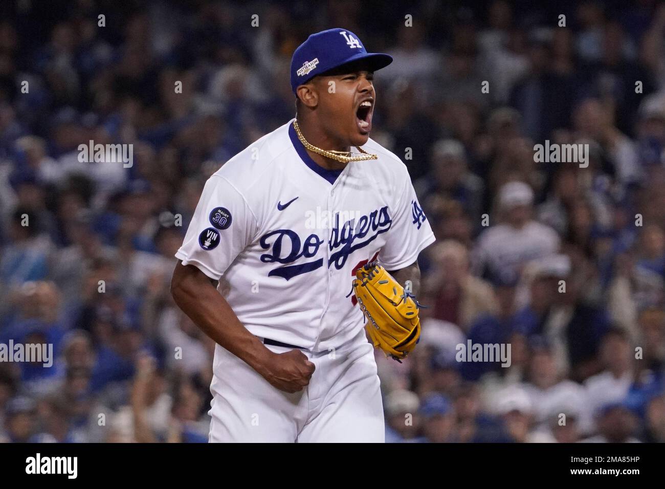 Los Angeles Dodgers relief pitcher Yency Almonte reacts after striking ...