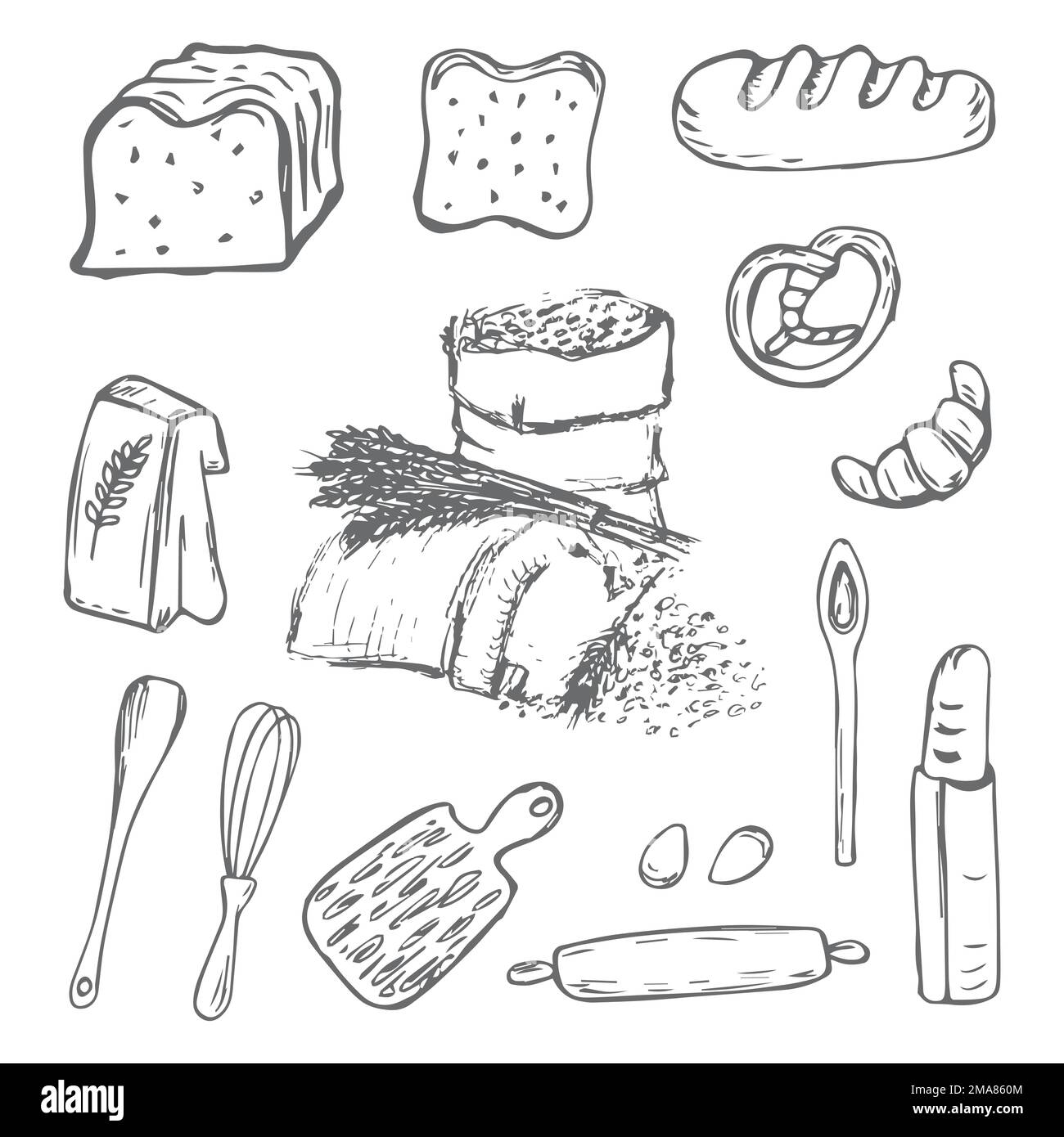 Bread vector hand drawn set illustration. Other types of wheat, flour ...