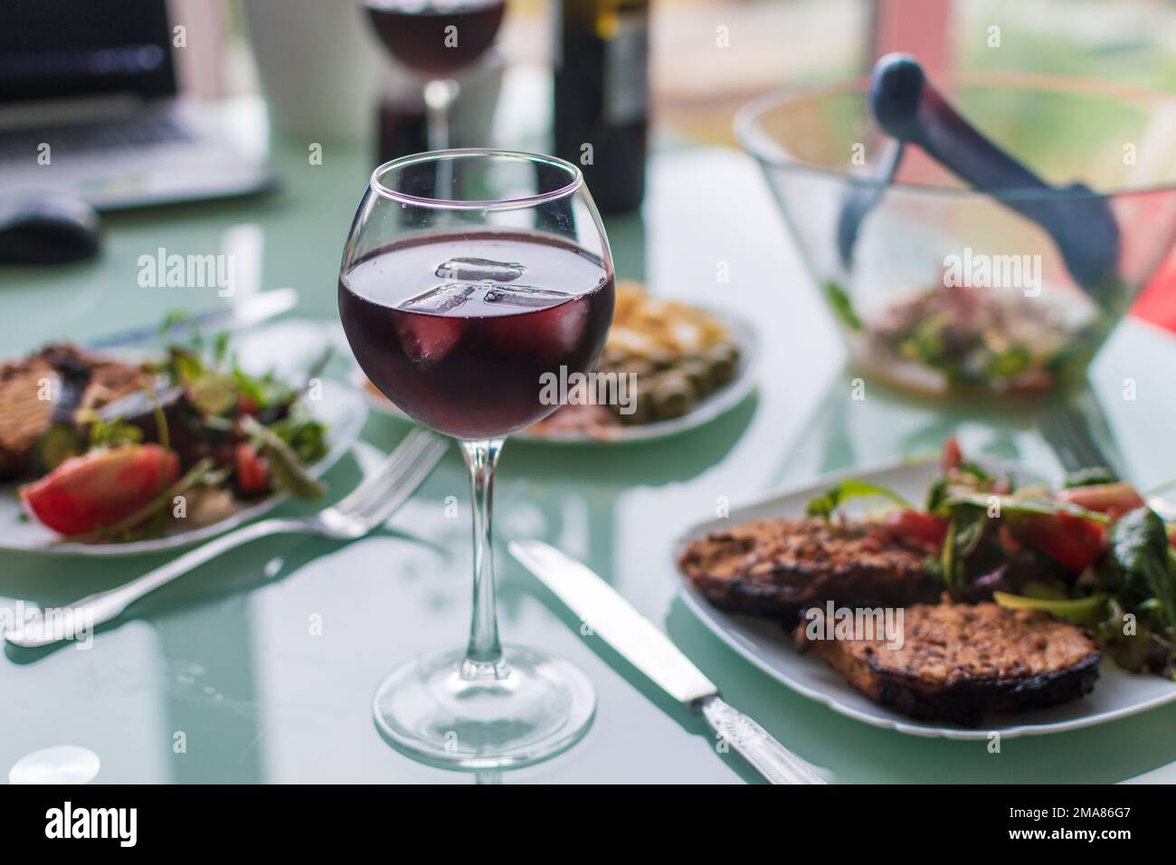 dinner for two with steaks and red Stock Photo - Alamy