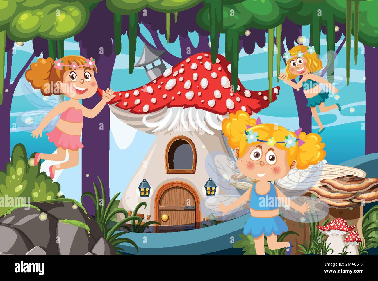 Cute fairies in fantasy forest illustration Stock Vector Image & Art ...
