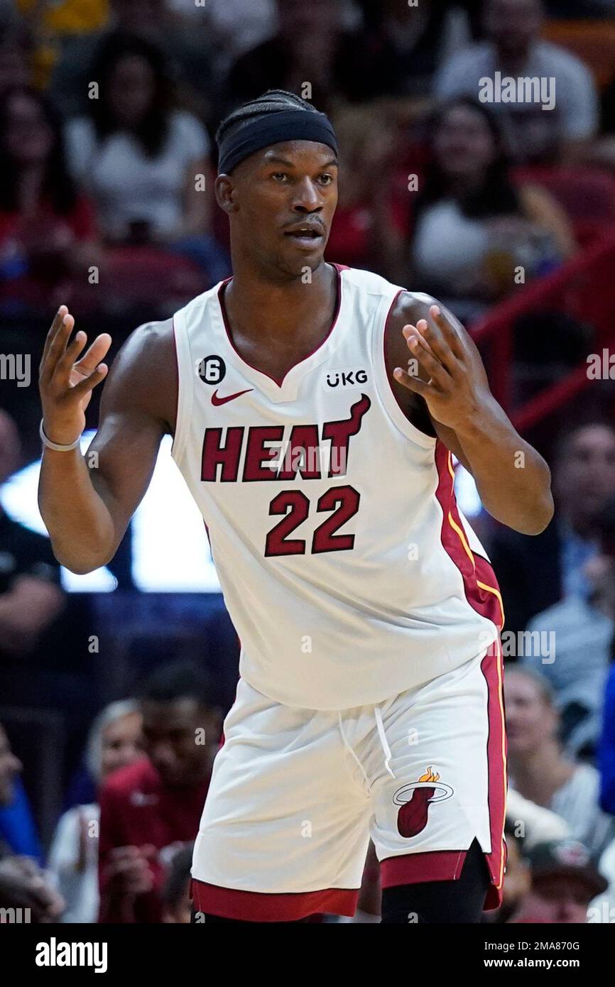 Miami Heat forward Jimmy Butler gestures to the crowd after scoring ...