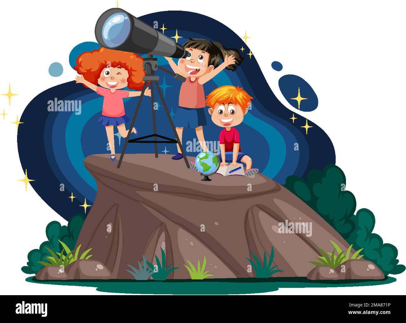 Kids observing planets with telescope illustration Stock Vector Image ...