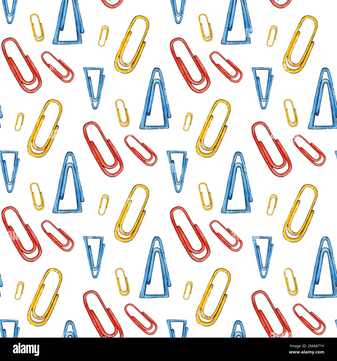 Watercolor illustration of a pattern of colorful paper clips ...