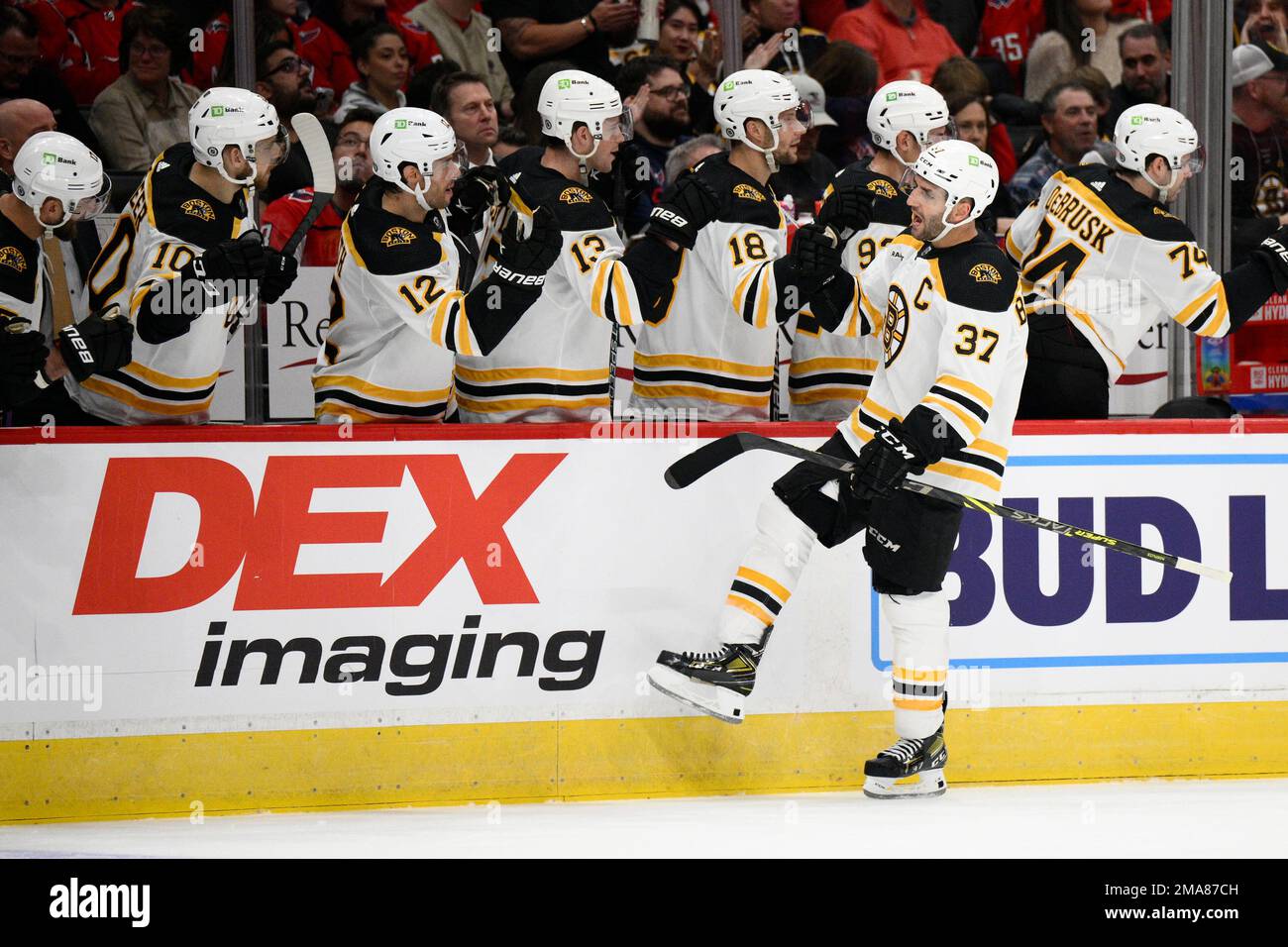 Boston Bruins center Patrice Bergeron (37) is congratulated for his ...