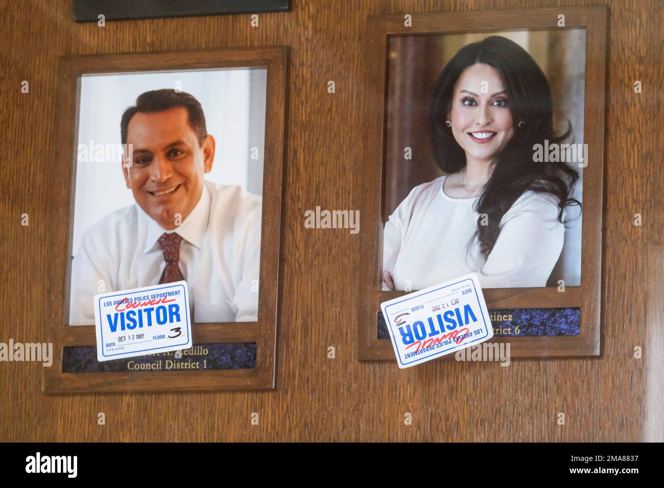 Stickers are placed at the pictures of Los Angeles Council members Nury ...