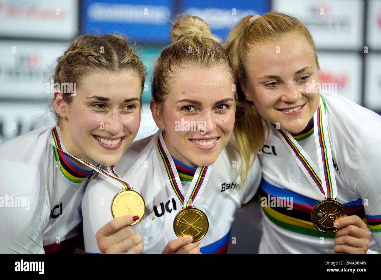 Germany's Pauline Sophie Grabosch, left, Emma Hinze, center, and Lea ...