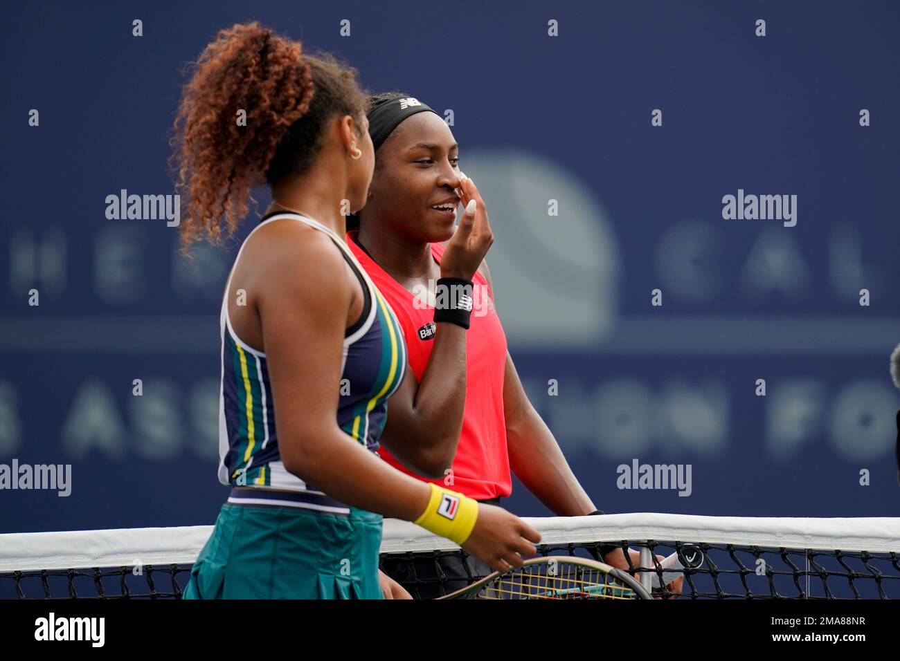 Coco Gauff, right, speaks with Robin Montgomery after defeating her at ...