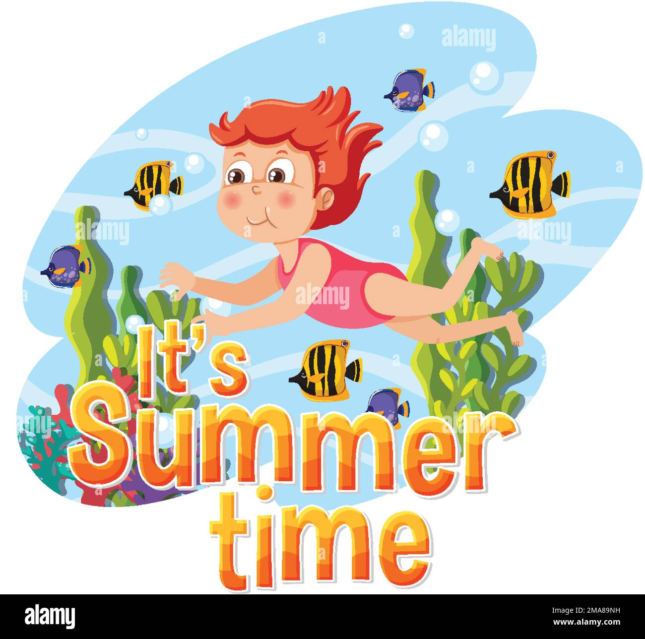 A girl diving underwater with summer time text illustration Stock ...