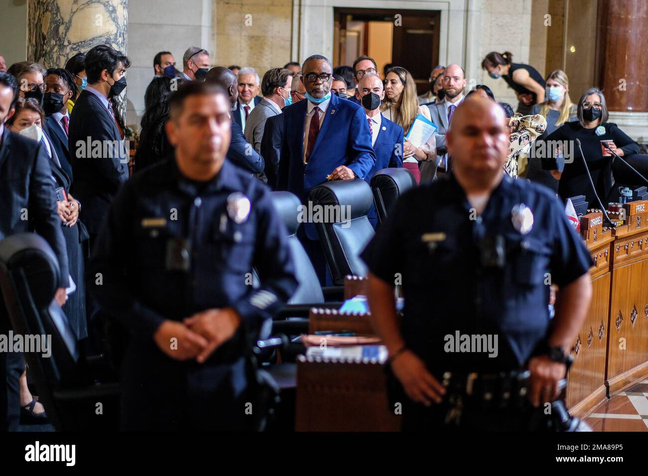 Los Angeles City Council members wait to start a Los Angeles City ...