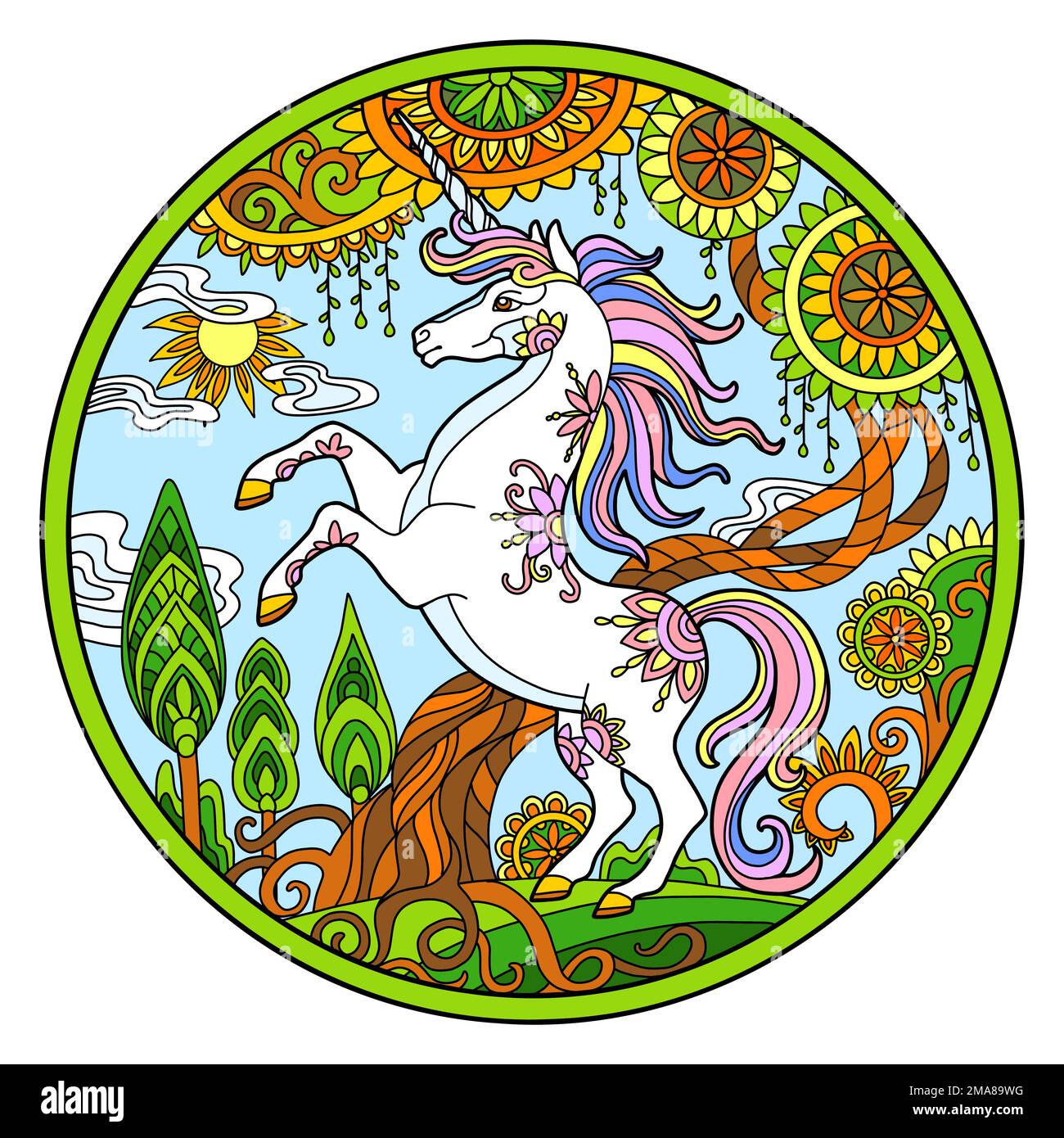 Stylized hand drawn colored unicorn in magic flowers and forest vector ...