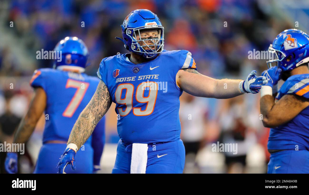 Boise State defensive tackle Scott Matlock (99) looks to the sidelines ...