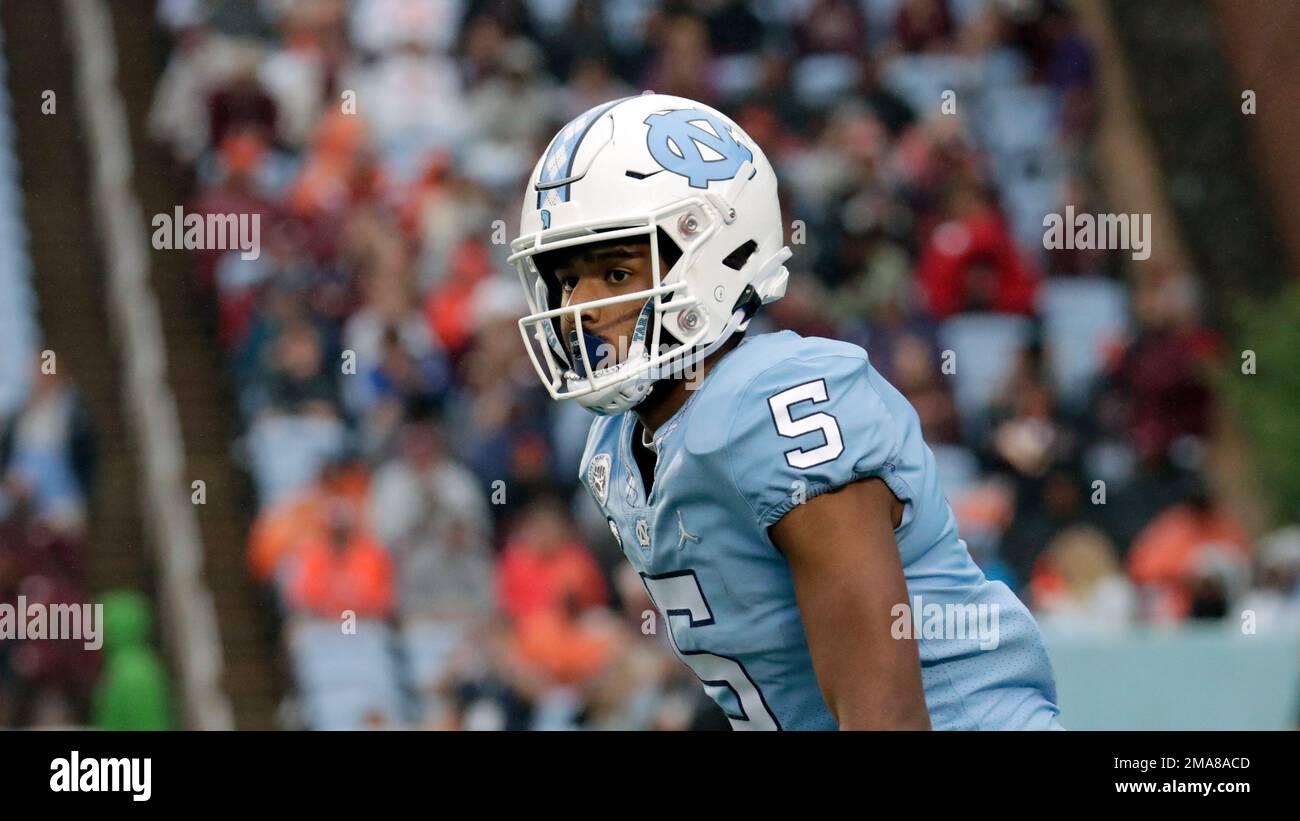 North Carolina wide receiver J.J. Jones (5) lines up to run a play ...