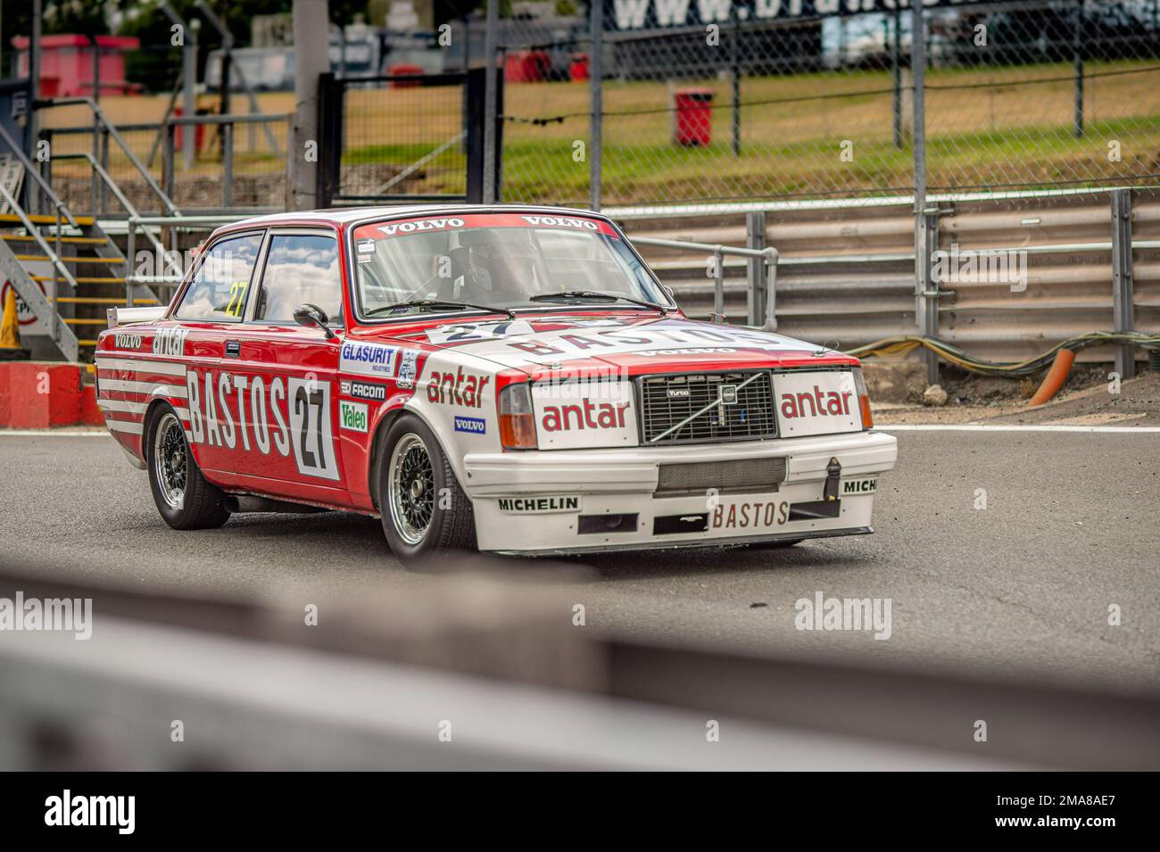 Volvo 242 Turbo Historic touring car seen exiting the pits at Brands ...