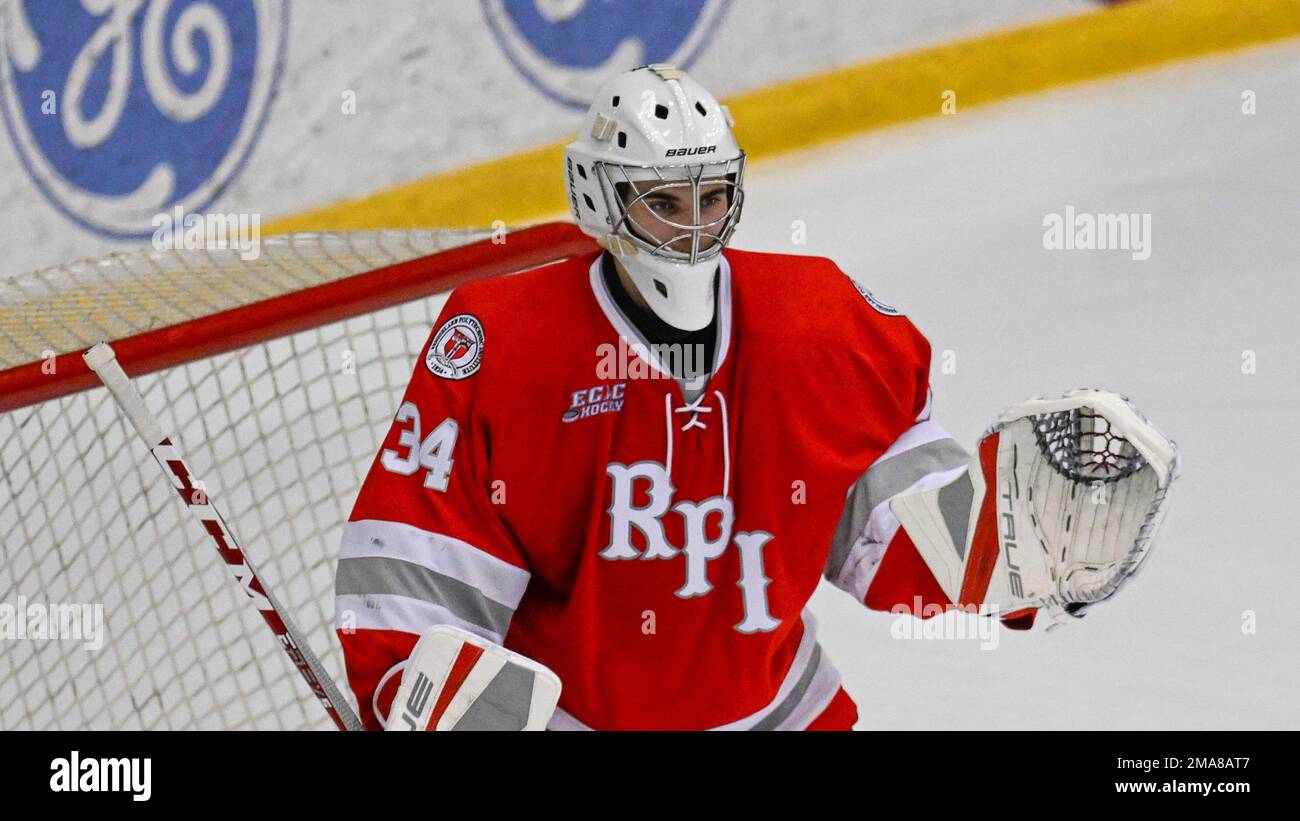 Rensselaer goaltender Jack Watson (34) during an NCAA hockey game ...