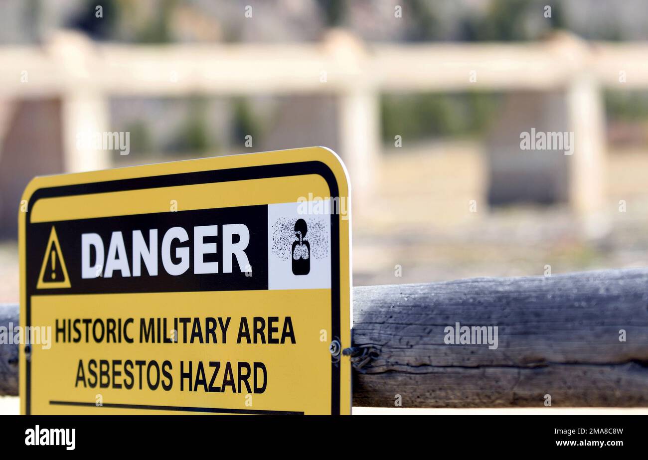 A warning sign at the deteriorating field house at Camp Hale near Vail ...