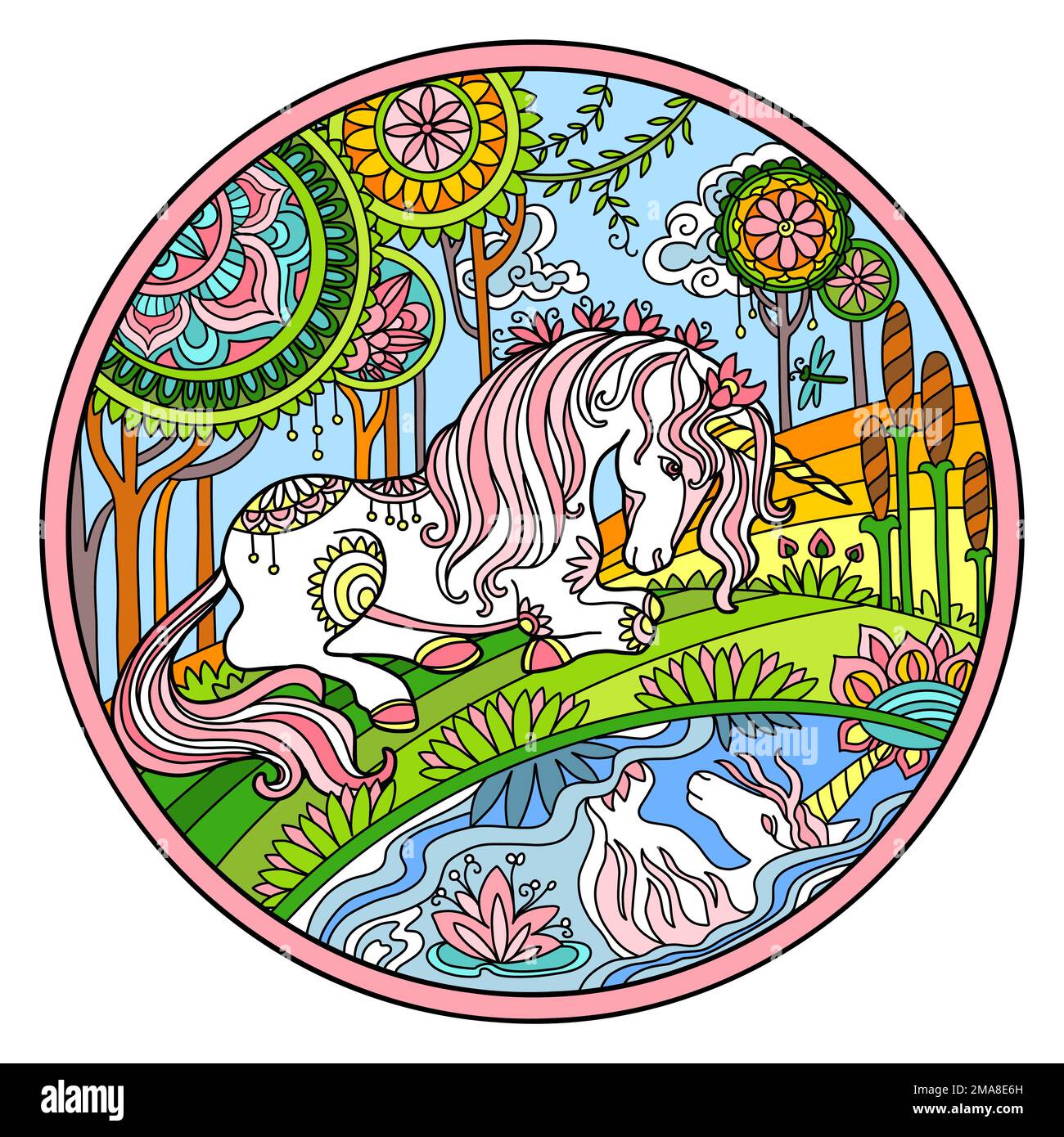 Stylized hand drawn unicorn on the river bank with magic flowers vector ...