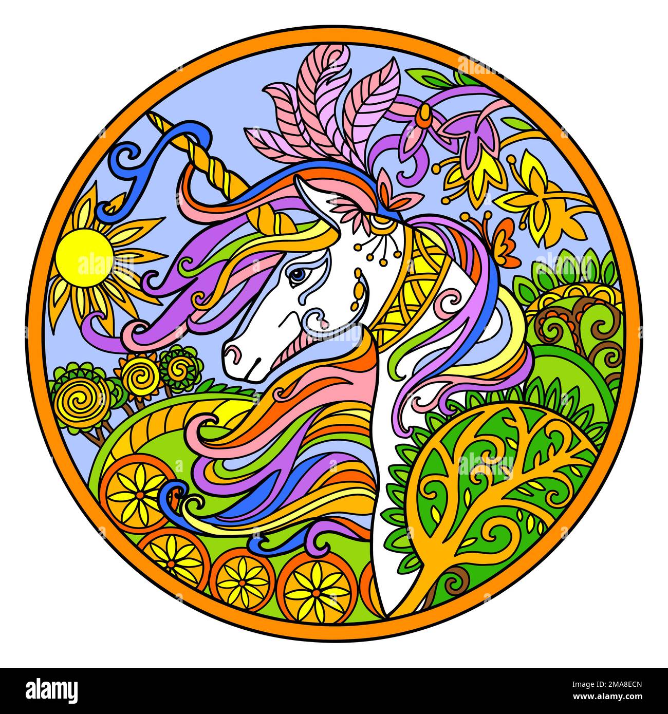 Stylized hand drawn colored unicorn head with magic flowers vector ...