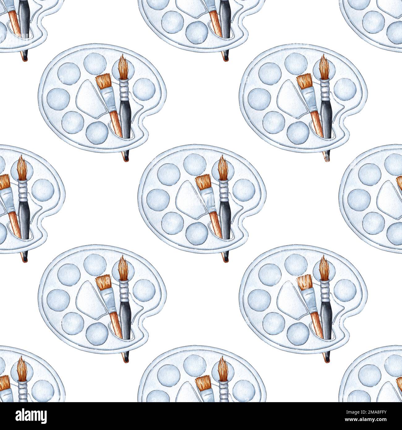 Watercolor illustration of a pattern of a plastic palette and brushes ...