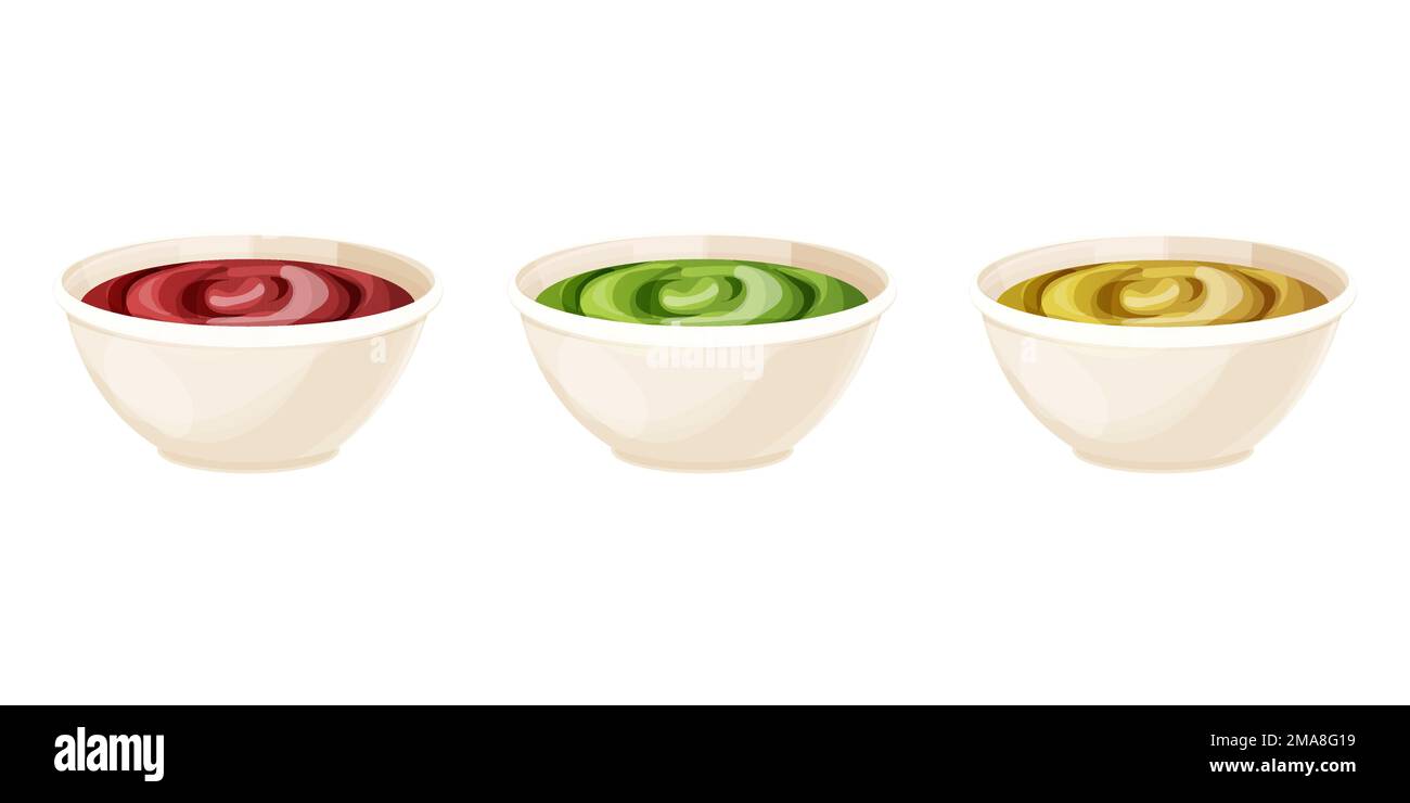 Set ceramic bowl with dip sauces in cartoon style, tomato, mustard ...