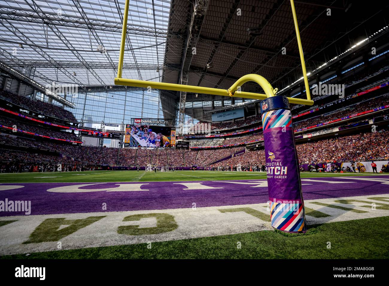 A goalpost is shown wrapped in Crucial Catch branding during an NFL ...