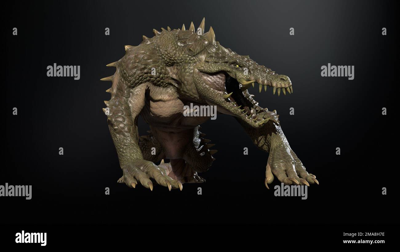 A furious crocodile humanoid from a wild tribe quickly runs through the ...