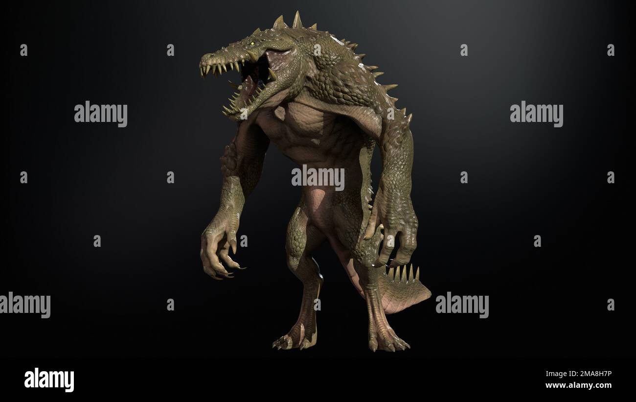 A furious crocodile humanoid from a wild tribe quickly runs through the ...