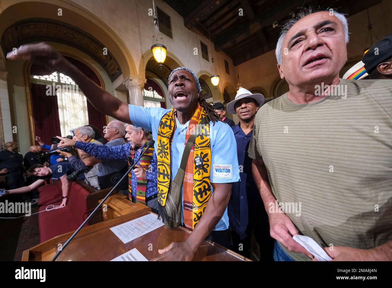 People Hold Signs And Shout Slogans Before The Starting The Los Angeles