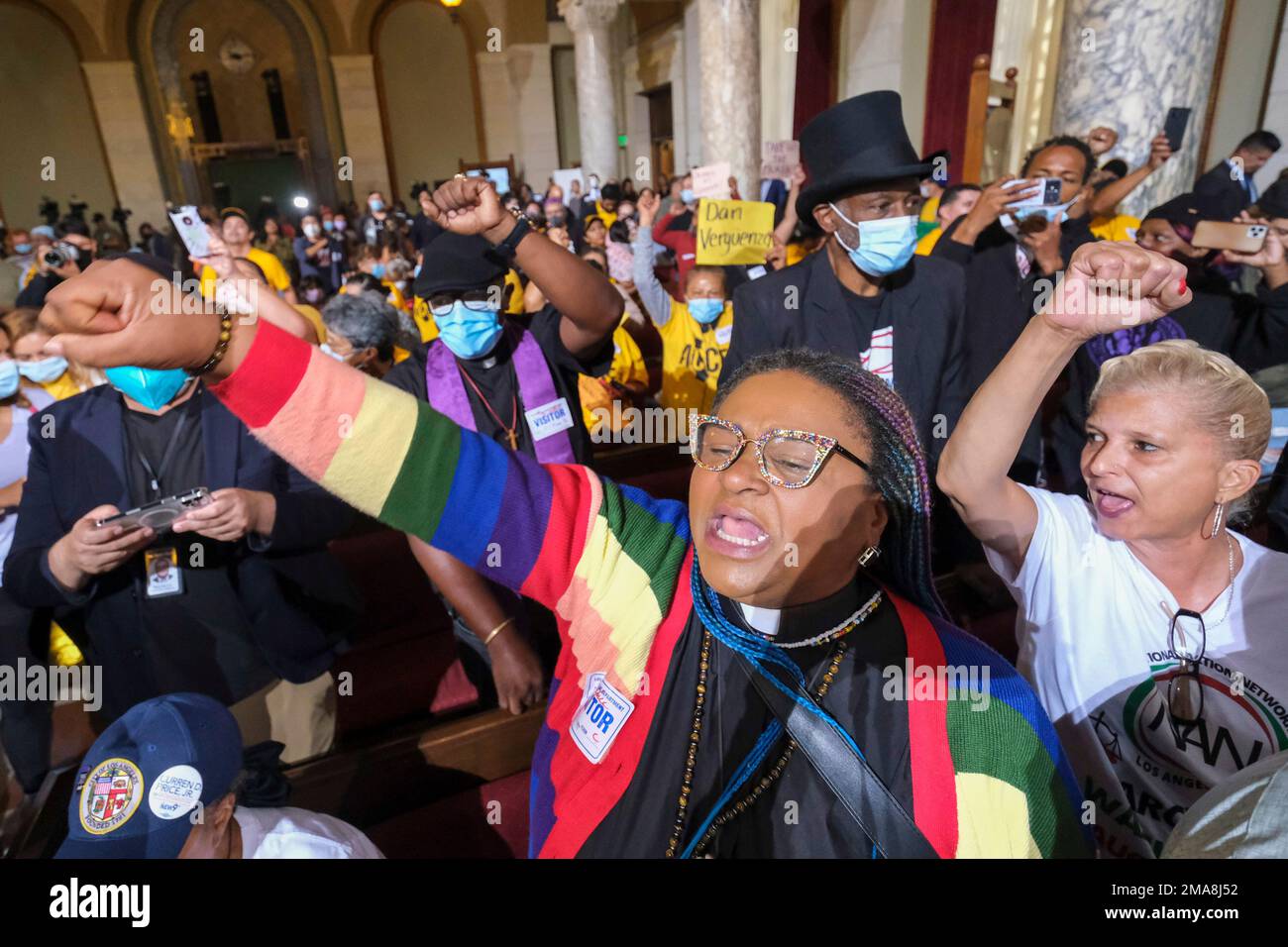 People Hold Signs And Shout Slogans Before The Starting The Los Angeles