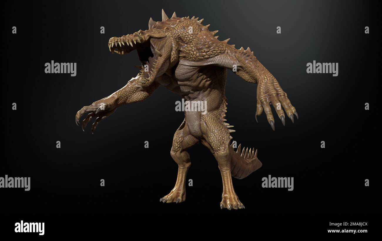 A furious crocodile humanoid from a wild tribe quickly runs through the ...