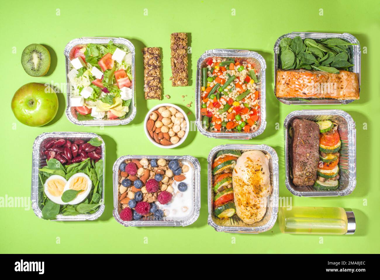 Healthy catering menu, courier food delivery lunch boxes. Beef steak ...