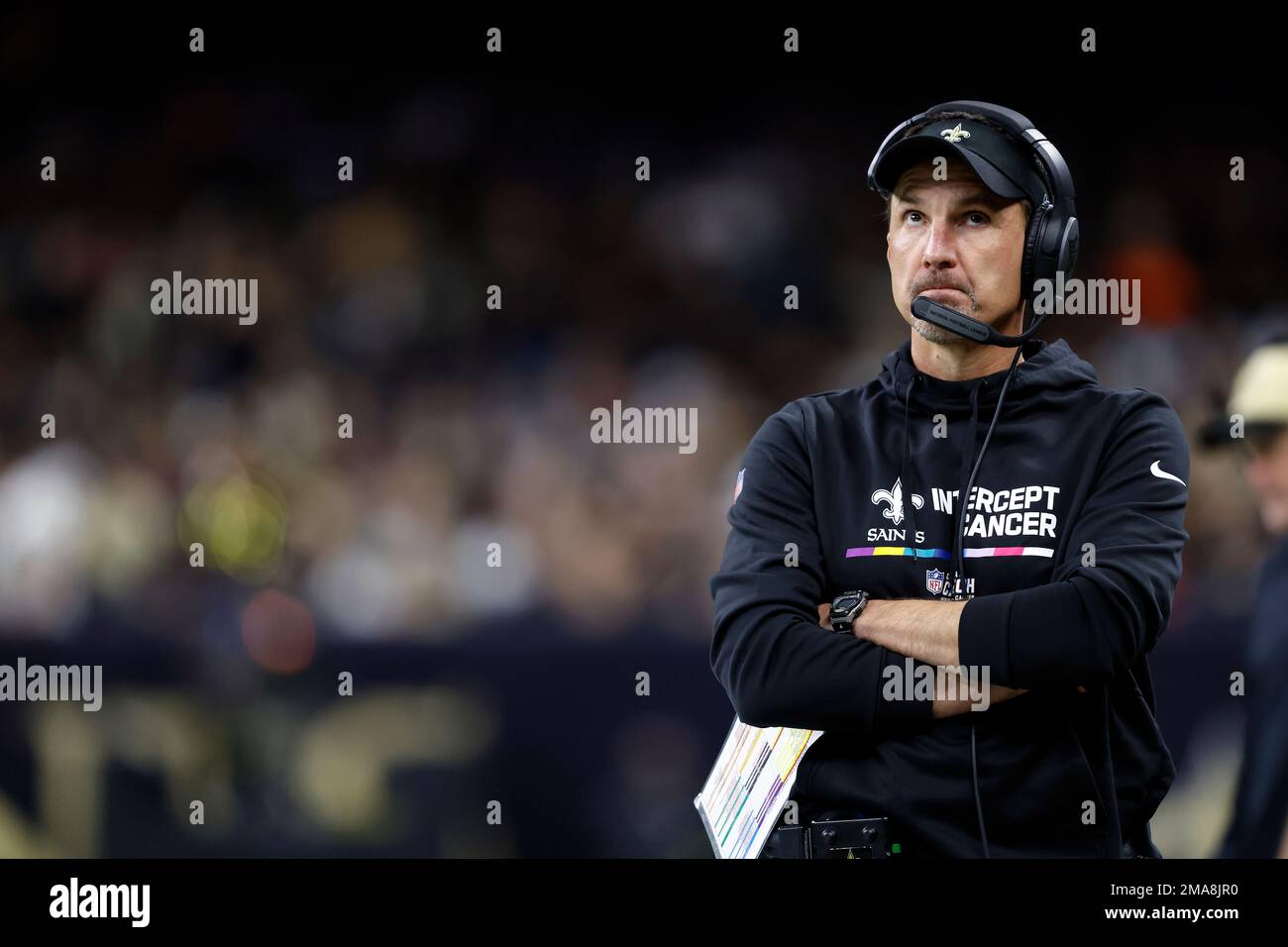 New Orleans Saints head coach Dennis Allen reacts to a call during an ...