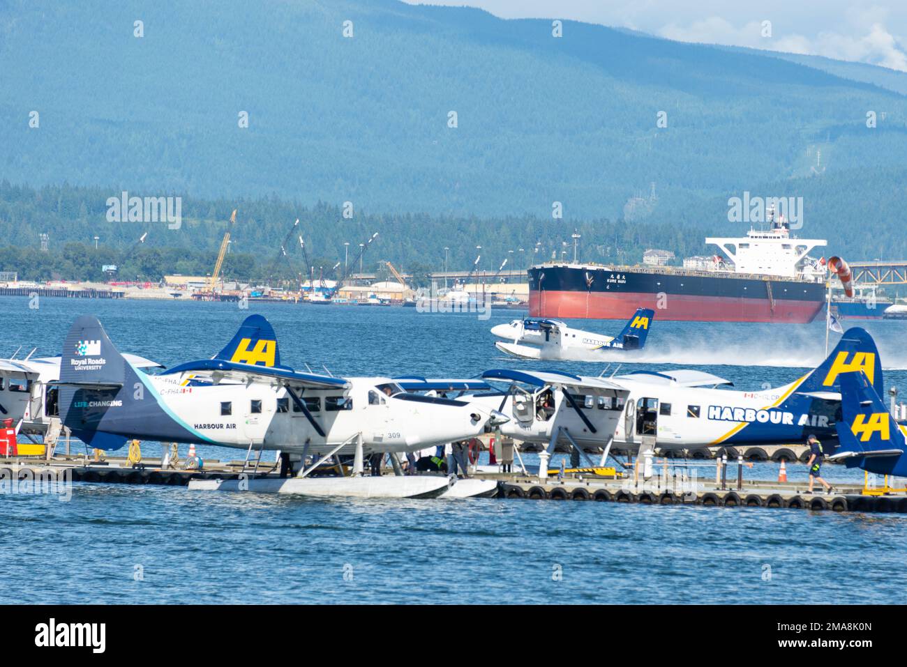 A scenic view of seaplanes floating on the water, waiting to take off ...