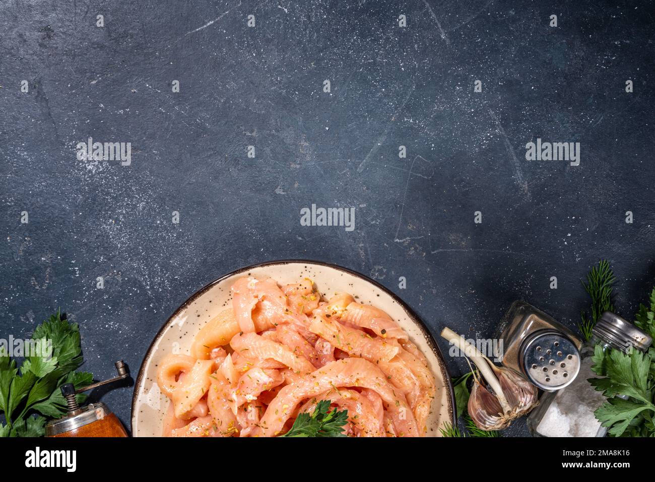 Cooking diet white poultry meat background. Fresh sliced chicken strips ...
