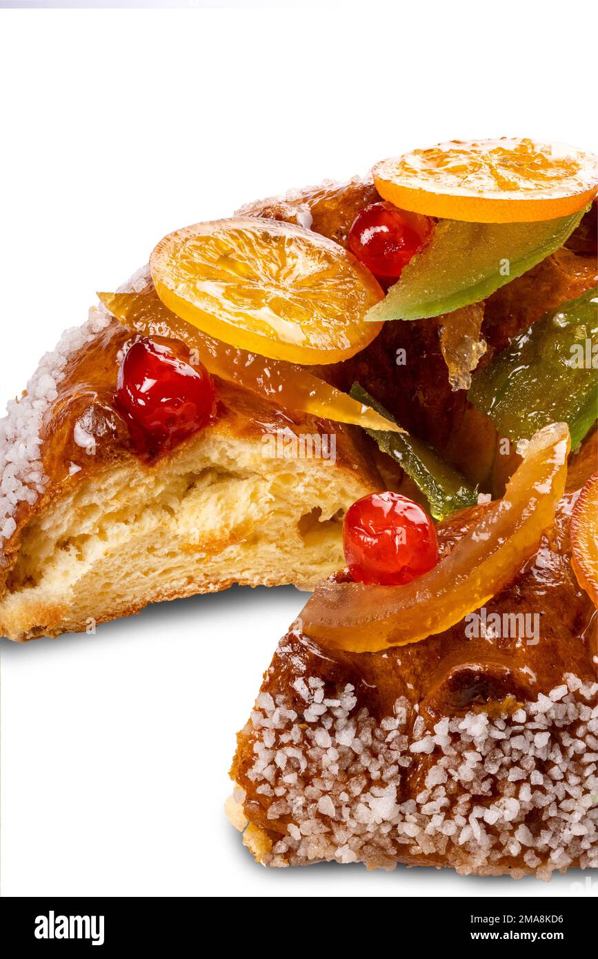 Candied fruit on a traditional french galette des rois on a white ...