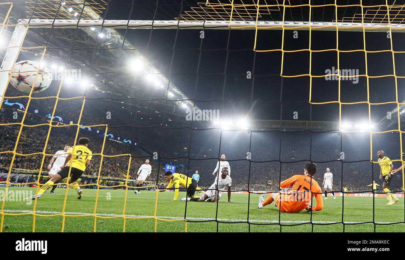 Dortmund's Jude Bellingham scores his side's goal against Sevilla's ...