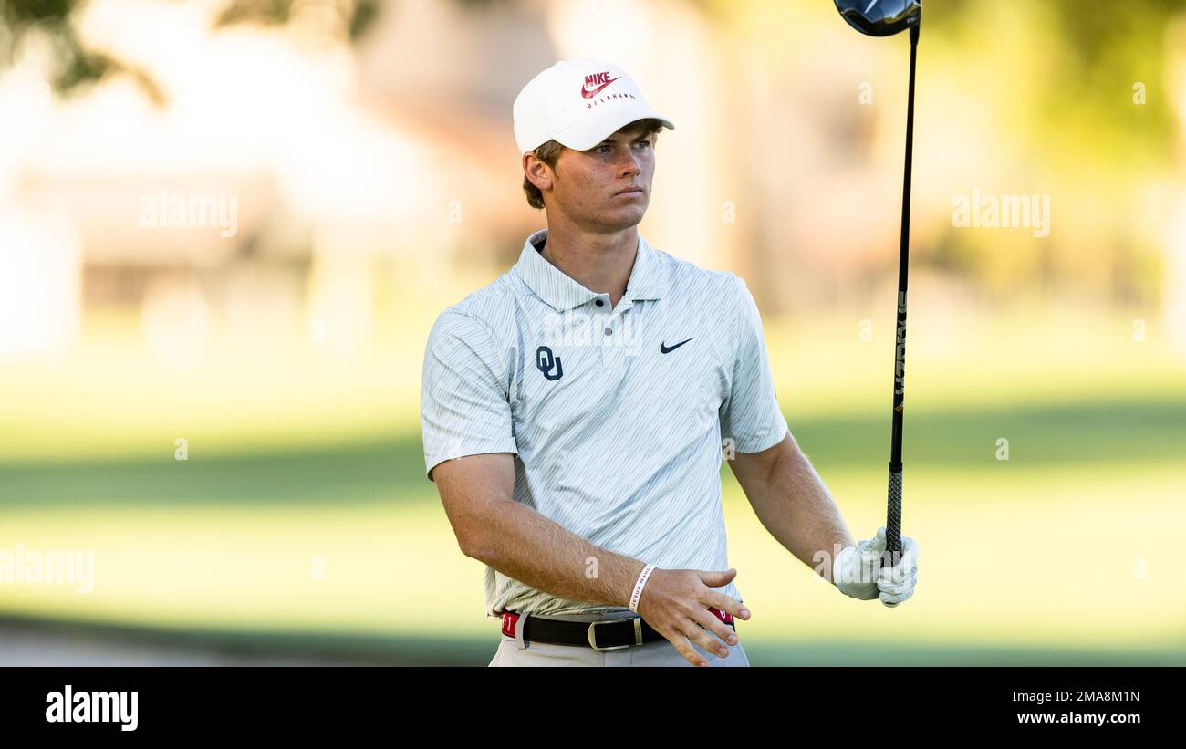 Oklahoma's Drew Goodman tee's off during an NCAA golf tournament on ...