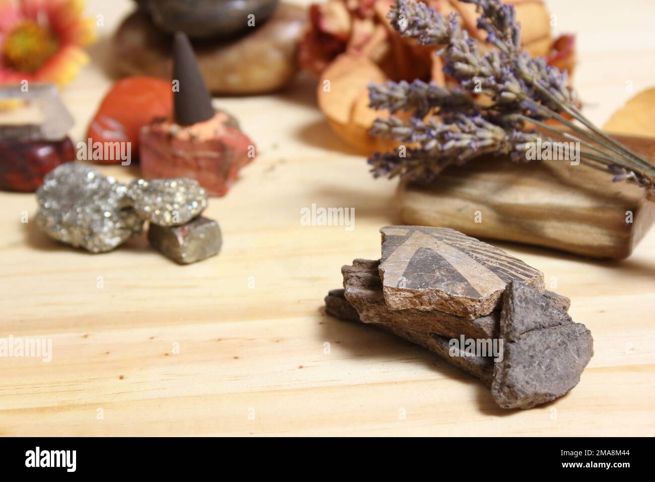 Ancient Native American Pottery Pieces With Crystals and Flowers on ...
