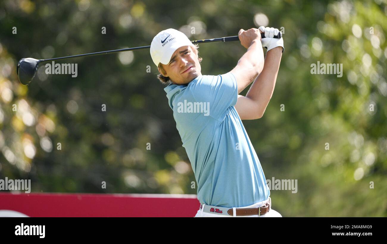 Mississippi golfer Hugo Townsend on the 14th tee during an NCAA golf ...
