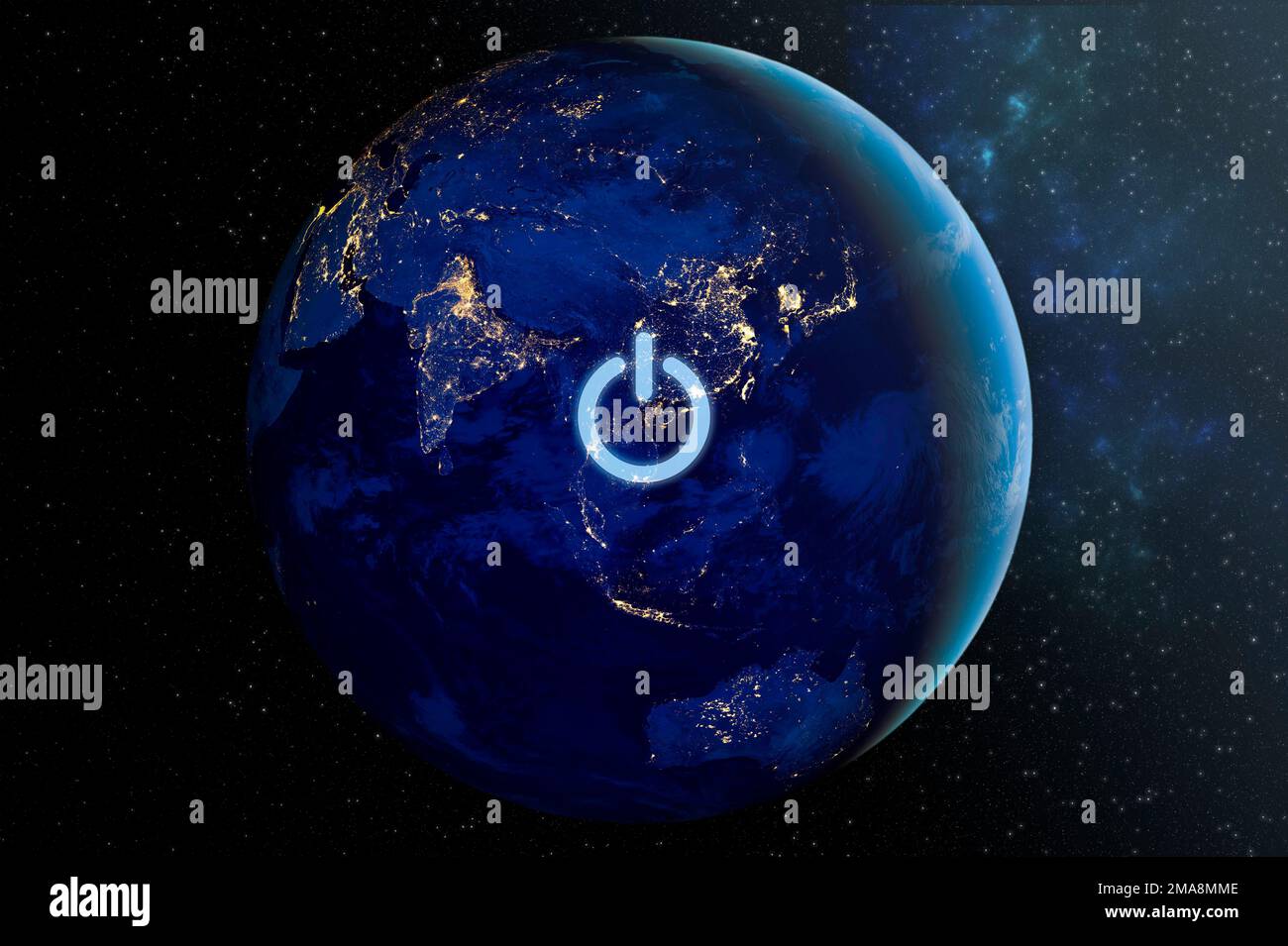 blackout concept with power button on earth planet elements on this ...
