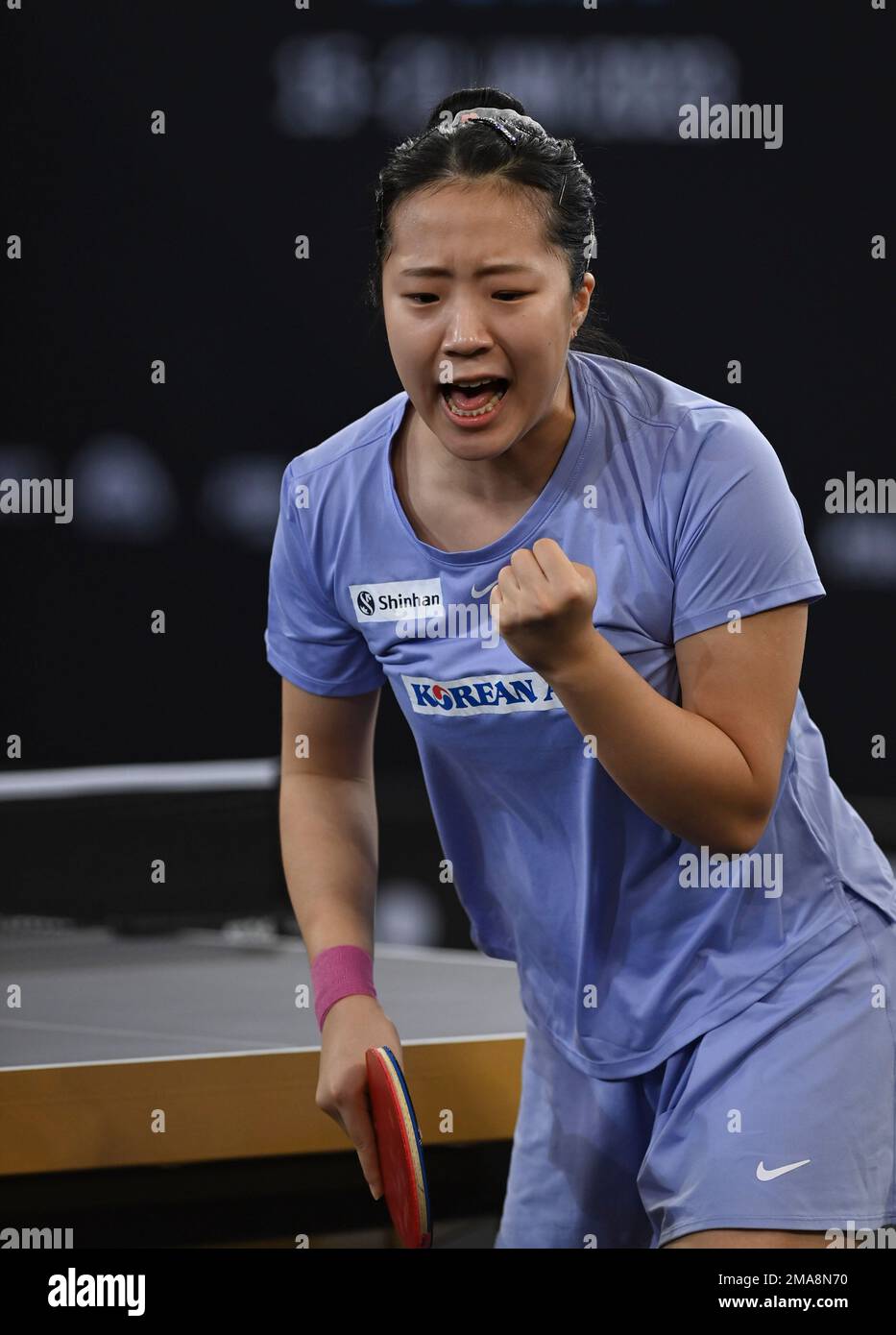Doha, Qatar. 18th Jan, 2023. Shin Yubin reacts during the women's ...