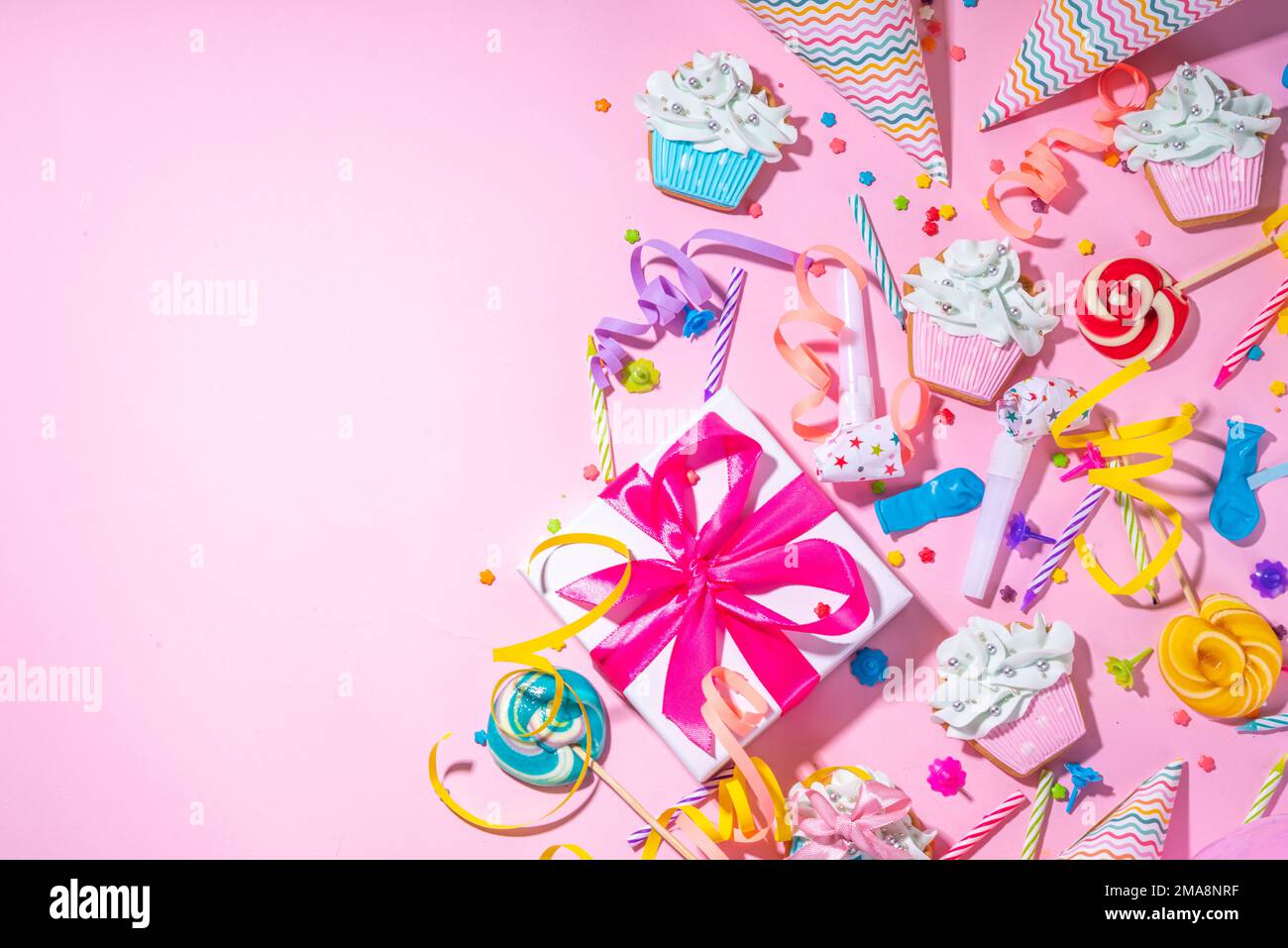 Happy birthday greeting card background. Flatlay with colorful holiday ...