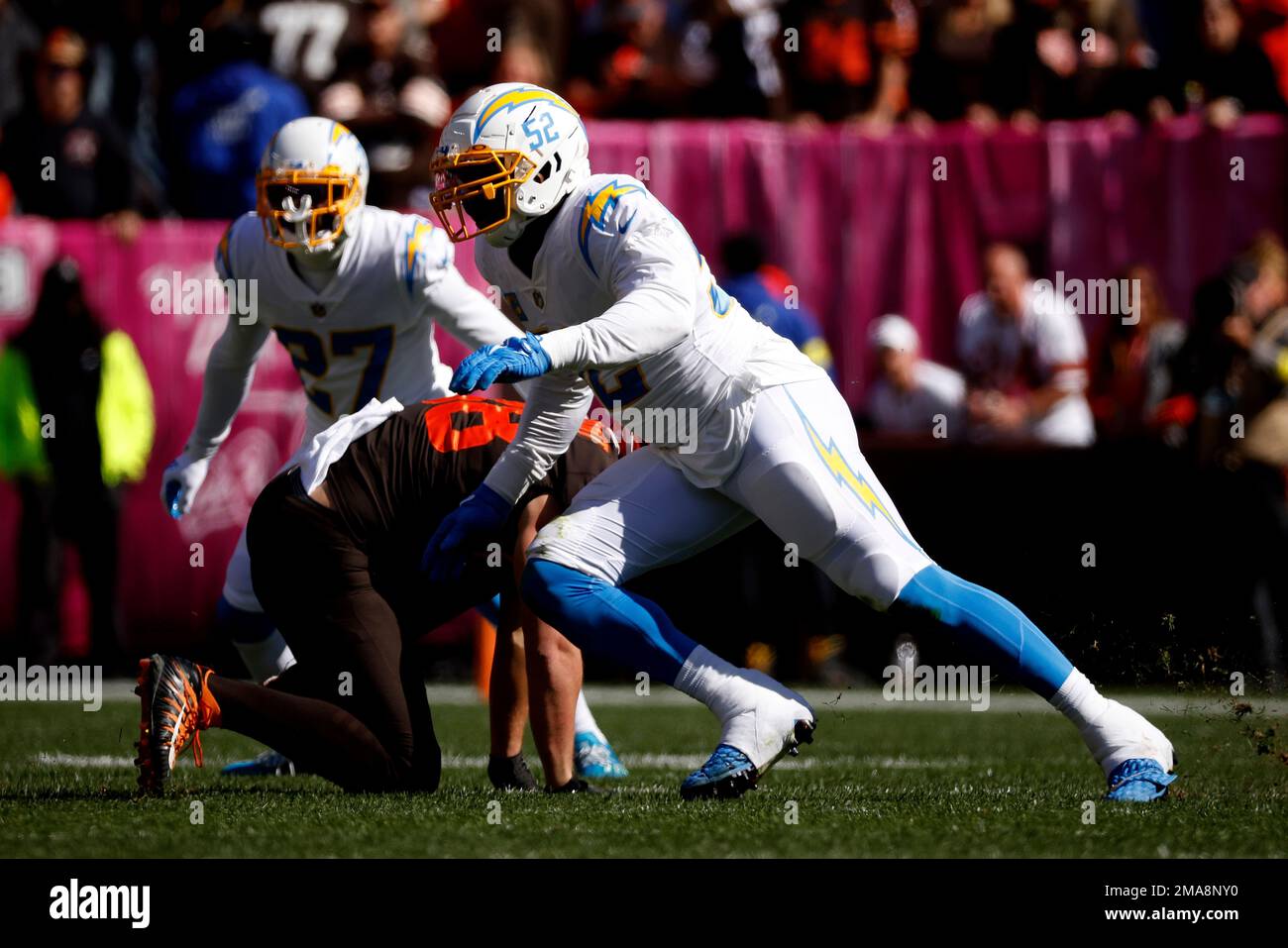 Los Angeles Chargers linebacker Khalil Mack (52) runs off of the line ...