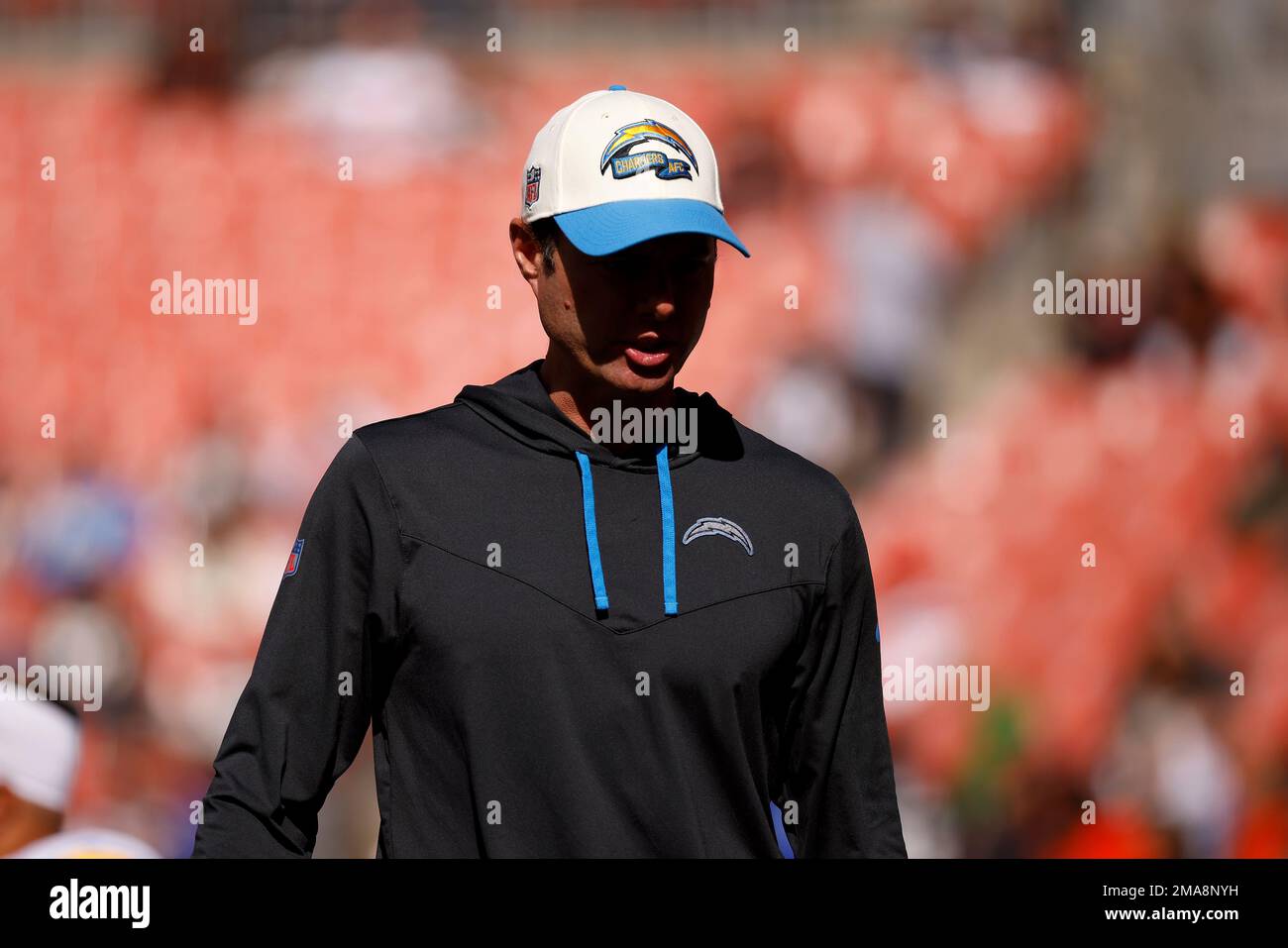 Los Angeles Chargers head coach Brandon Staley walks on the field prior ...