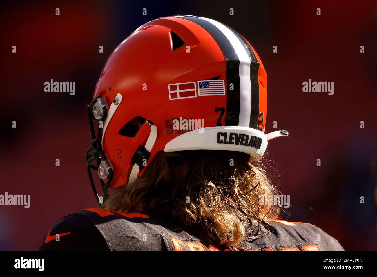 Cleveland Browns guard Hjalte Froholdt (72) wears a sticker of the flag ...