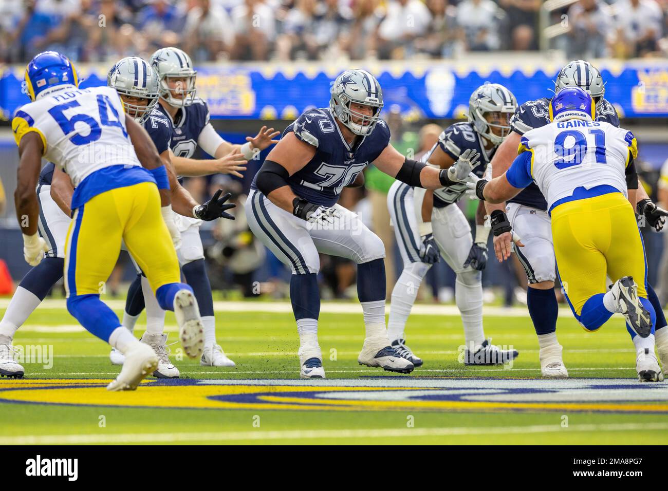 Guard (70) Zack Martin of the Dallas Cowboys blocks against the Los ...